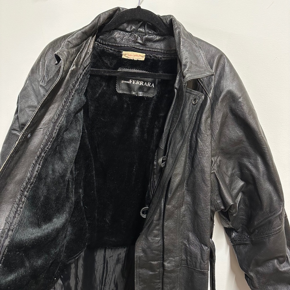 Vintage Gianni Ferrara Black Leather Long Bomber Jack… - Gem